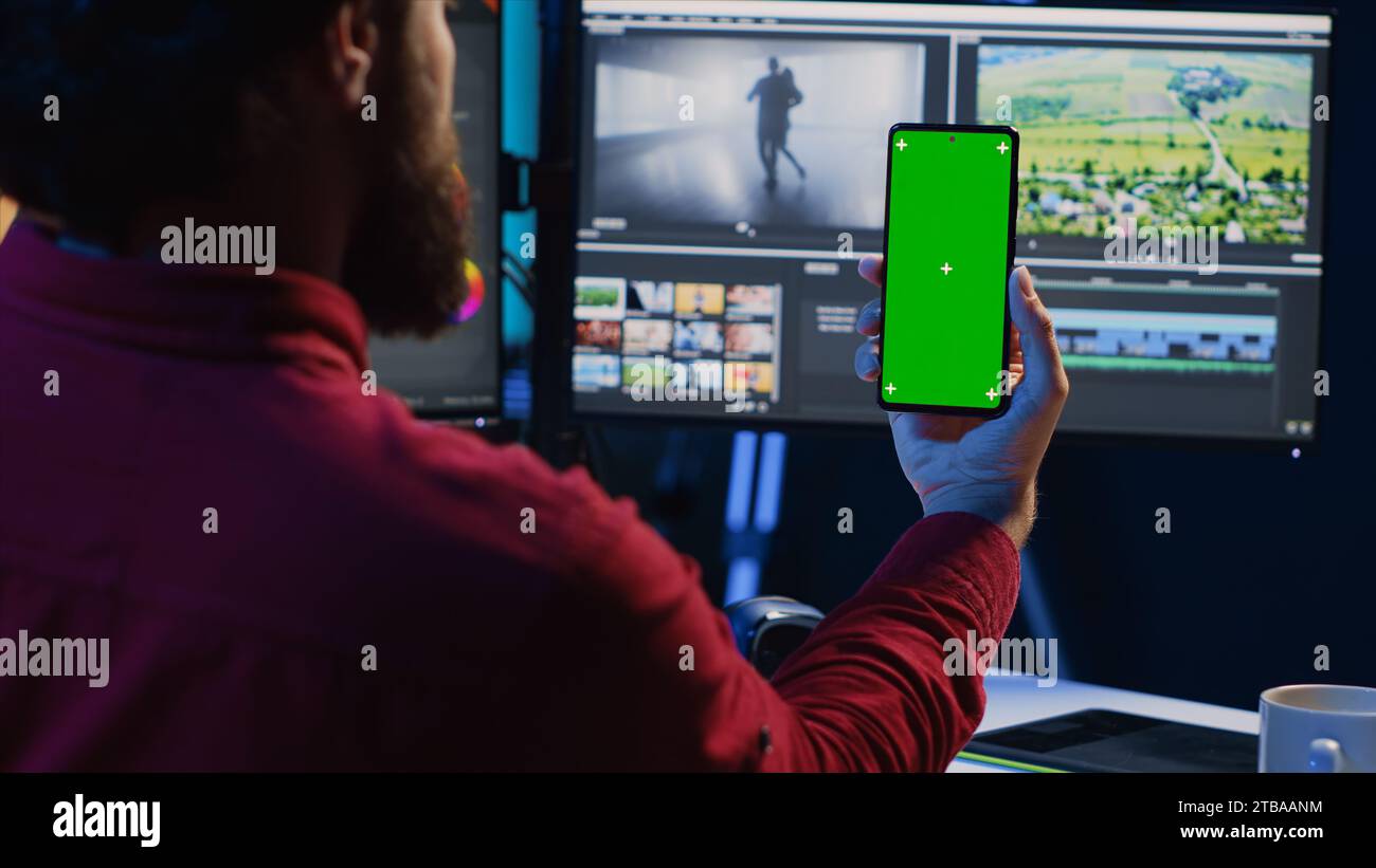 Video editor following tutorial on green screen smartphone, learning to ...