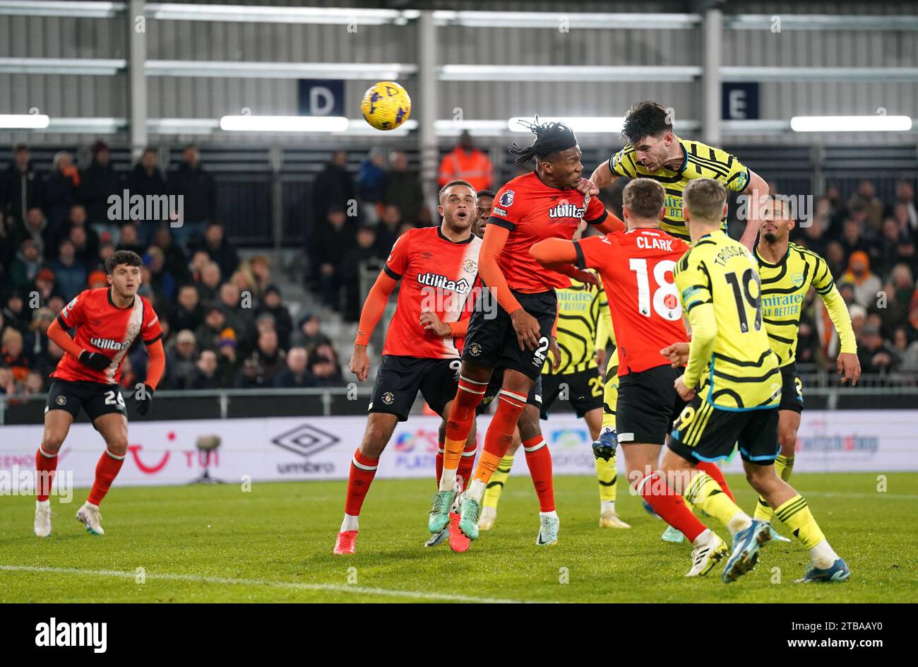 Arsenal's Declan Rice (second right) scores their side's fourth goal of ...