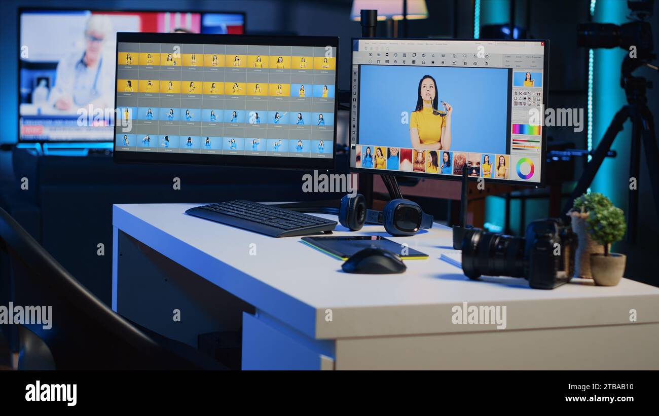 Modern creative office in media agency with multi monitor computer ...