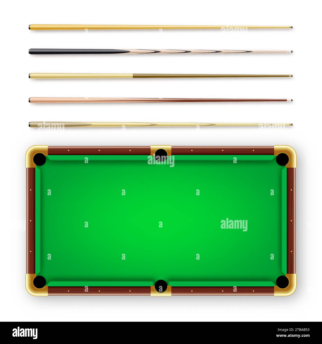 Various wooden billiard cues and green pool table. Snooker sports ...