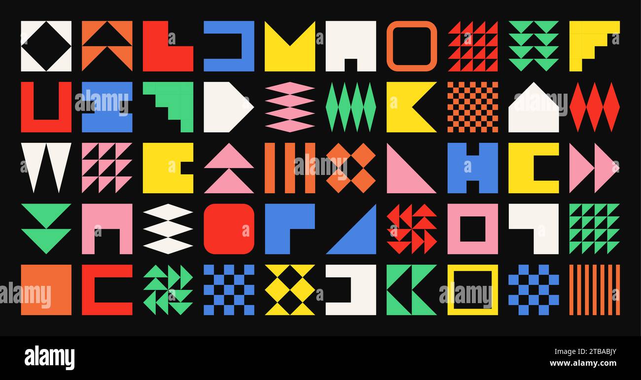 Brutalist geometric shapes, colorful symbols. Simple primitive elements and forms. Bauhaus retro ...