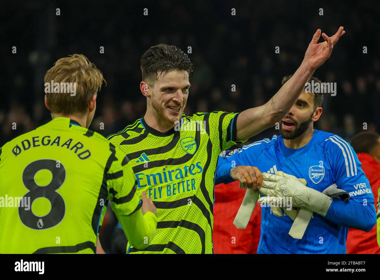 Arsenal's Declan Rice, center, scores his side's fourth goal during the ...