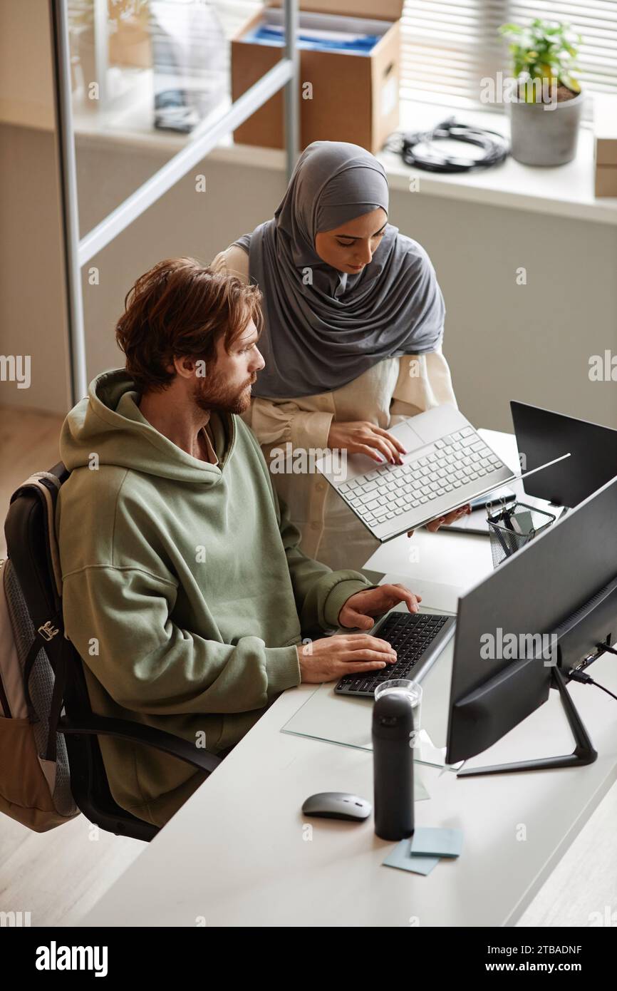 Vertical portrait of IT team of two people reviewing project together ...