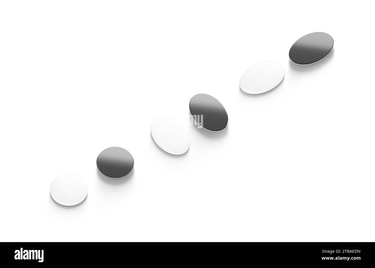 Blank black and white round and oval fridge magnet mockup, side view ...