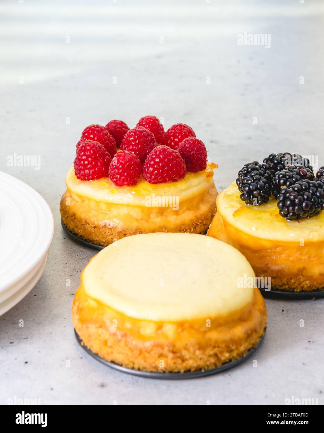 Classic mini cheesecake recipe. Cheesecakes close-up on a light grey ...