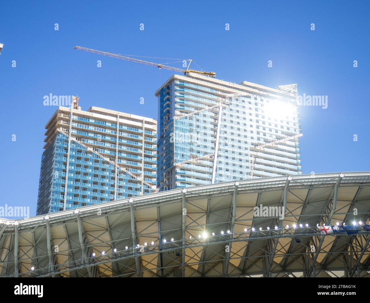 vault of a modern football stadium. Canopy of the sports arena. Metal ...