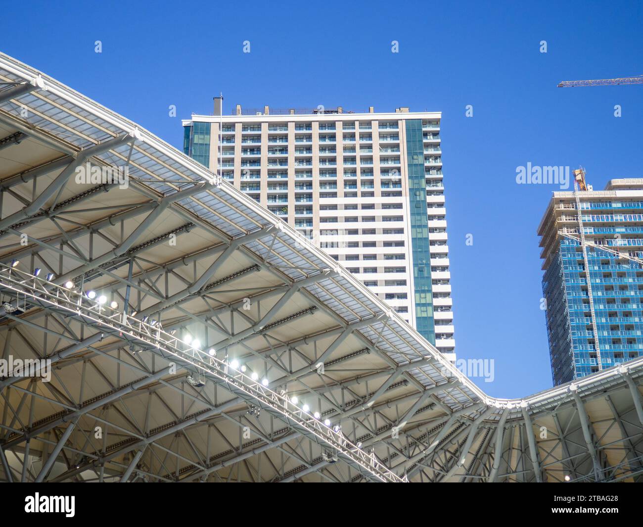 vault of a modern football stadium. Canopy of the sports arena. Metal ...