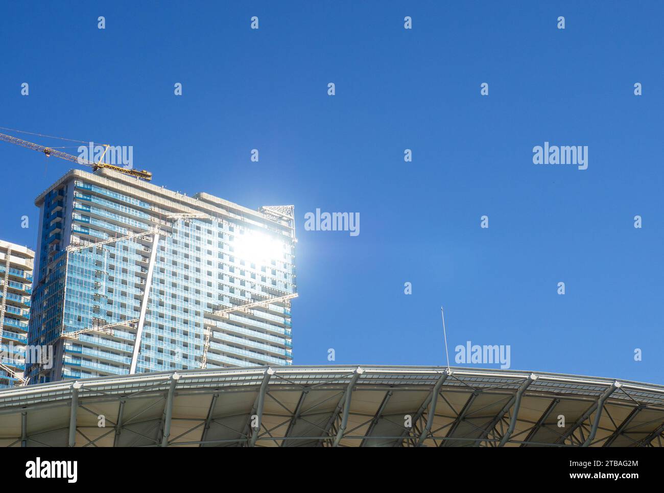 vault of a modern football stadium. Canopy of the sports arena. Metal ...