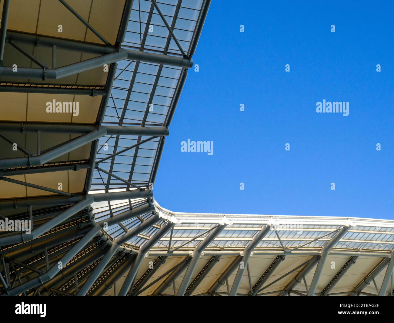 vault of a modern football stadium. Canopy of the sports arena. Metal ...