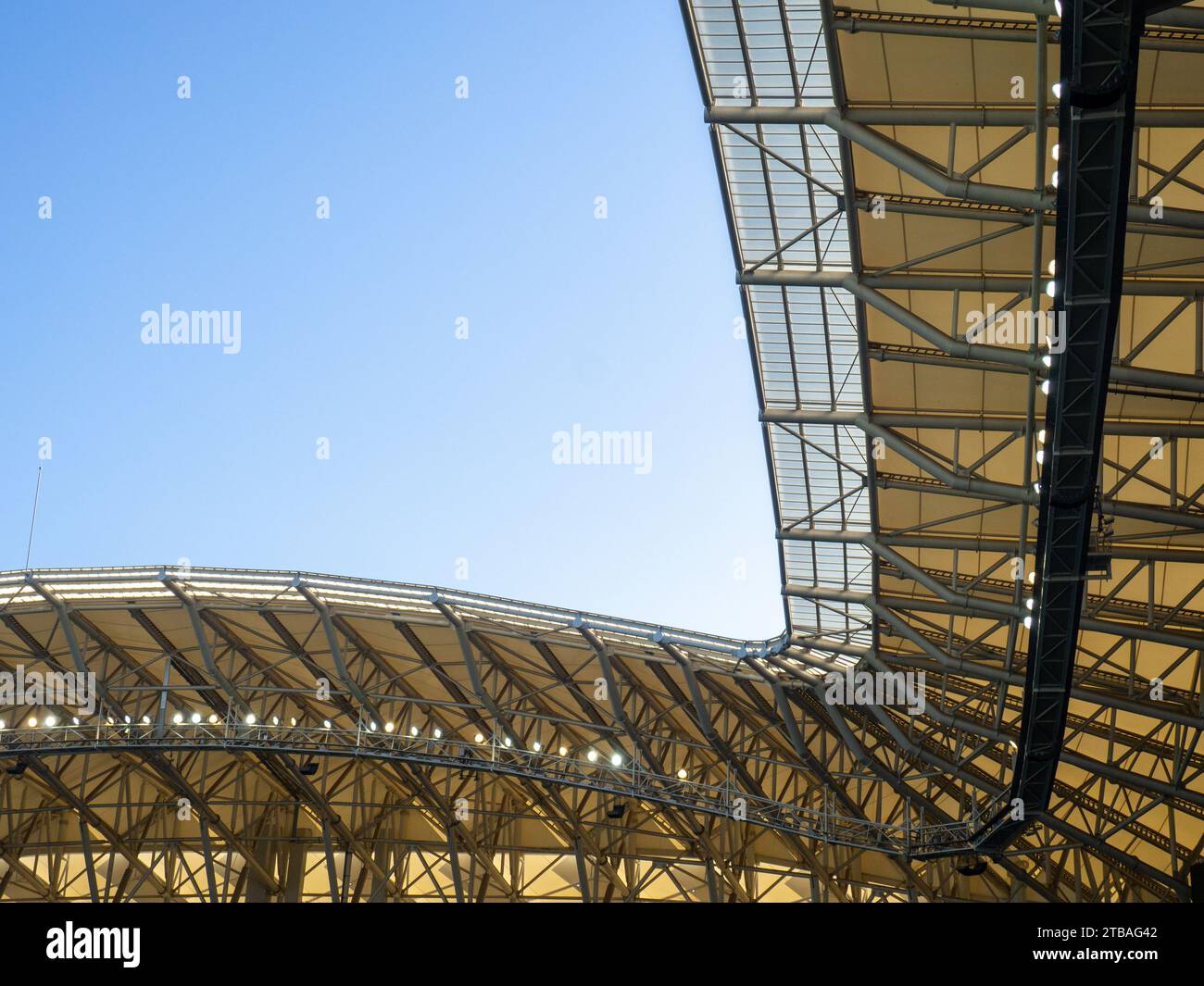 vault of a modern football stadium. Canopy of the sports arena. Metal ...