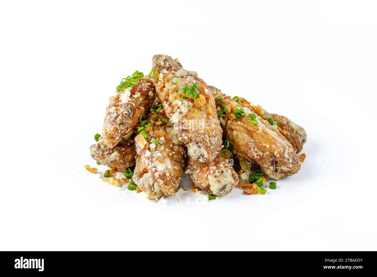 delicious fresh chicken wings with garlic sauce white background for ...