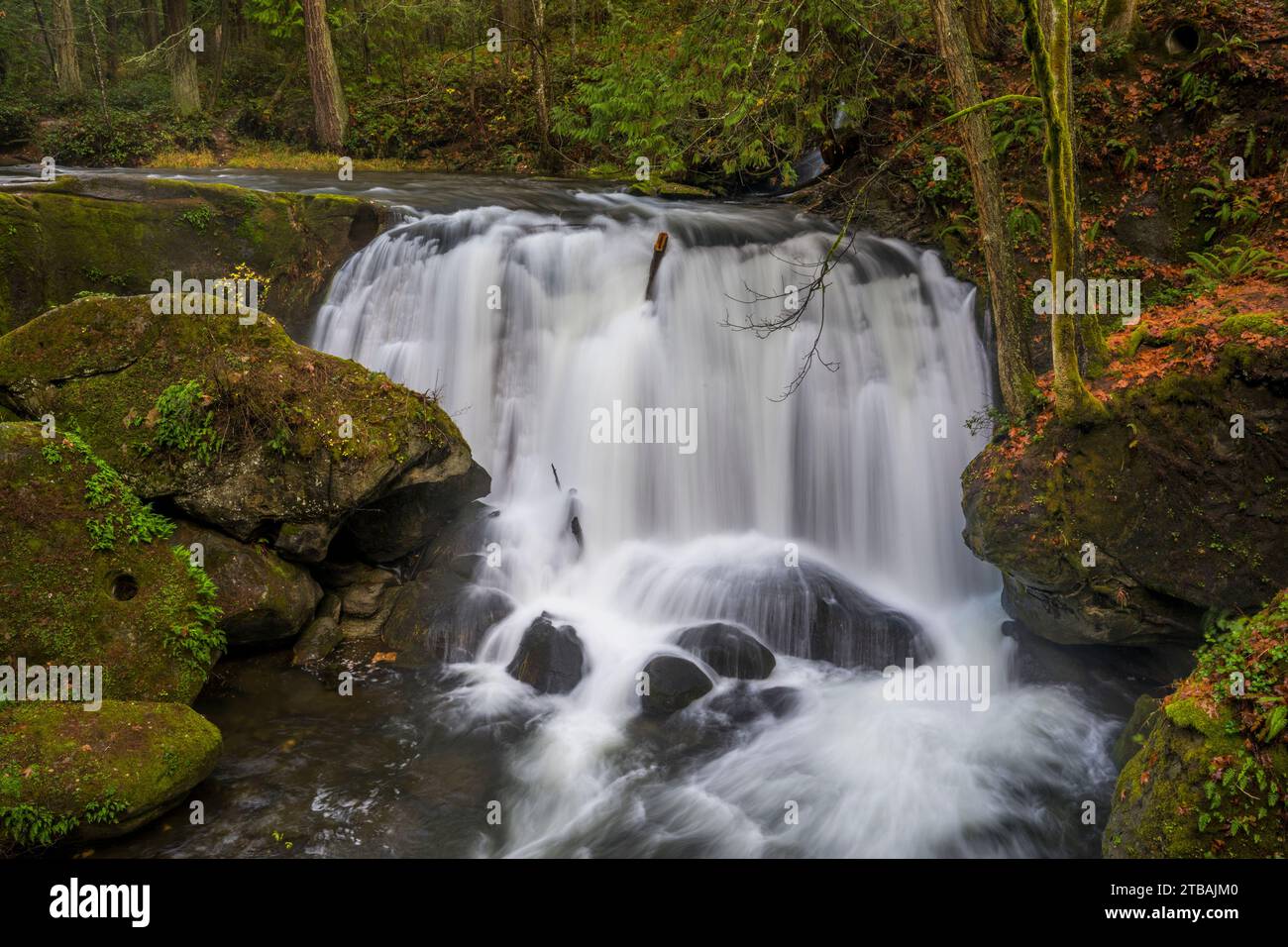 View of a waterfall (Whatcom Creek) from the stone bridge in Whatcom ...