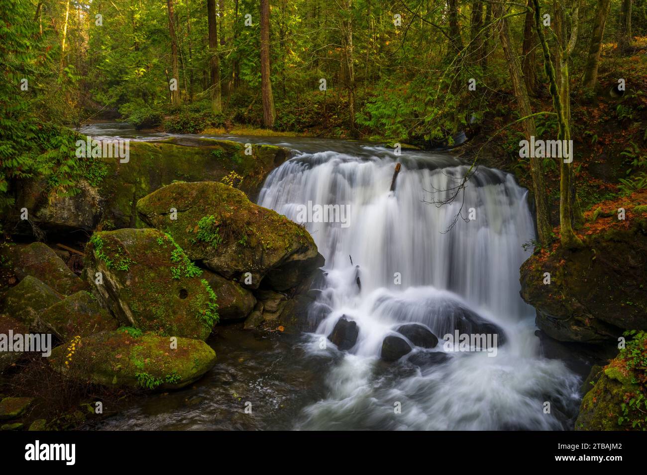 View of a waterfall (Whatcom Creek) from the stone bridge in Whatcom ...
