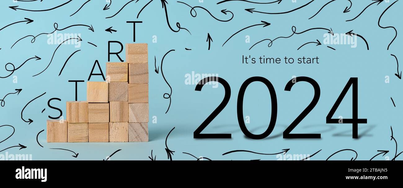 Banner with wooden cubes, text IT'S TIME TO START 2024 and drawn arrows ...