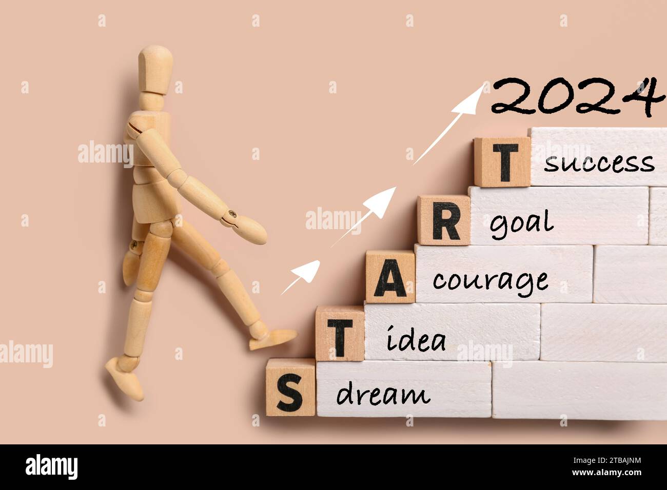 Banner with wooden mannequin, blocks, text START 2024, SUCCESS, GOAL ...