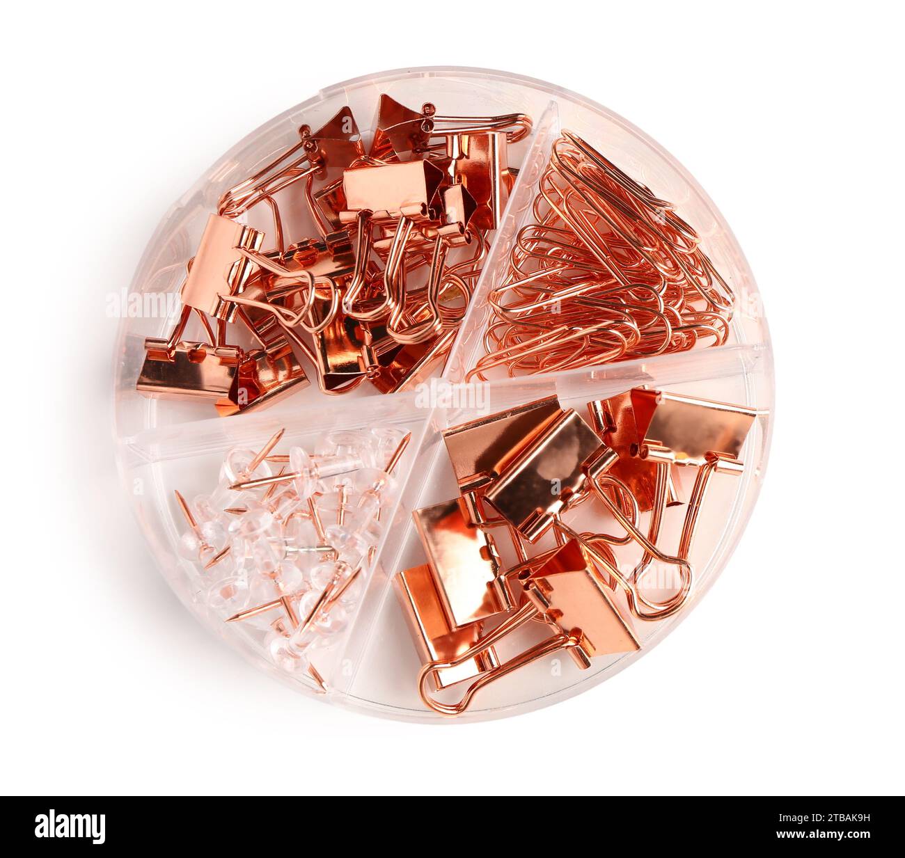 Set of rose gold paper clips, binders and pins on white background ...