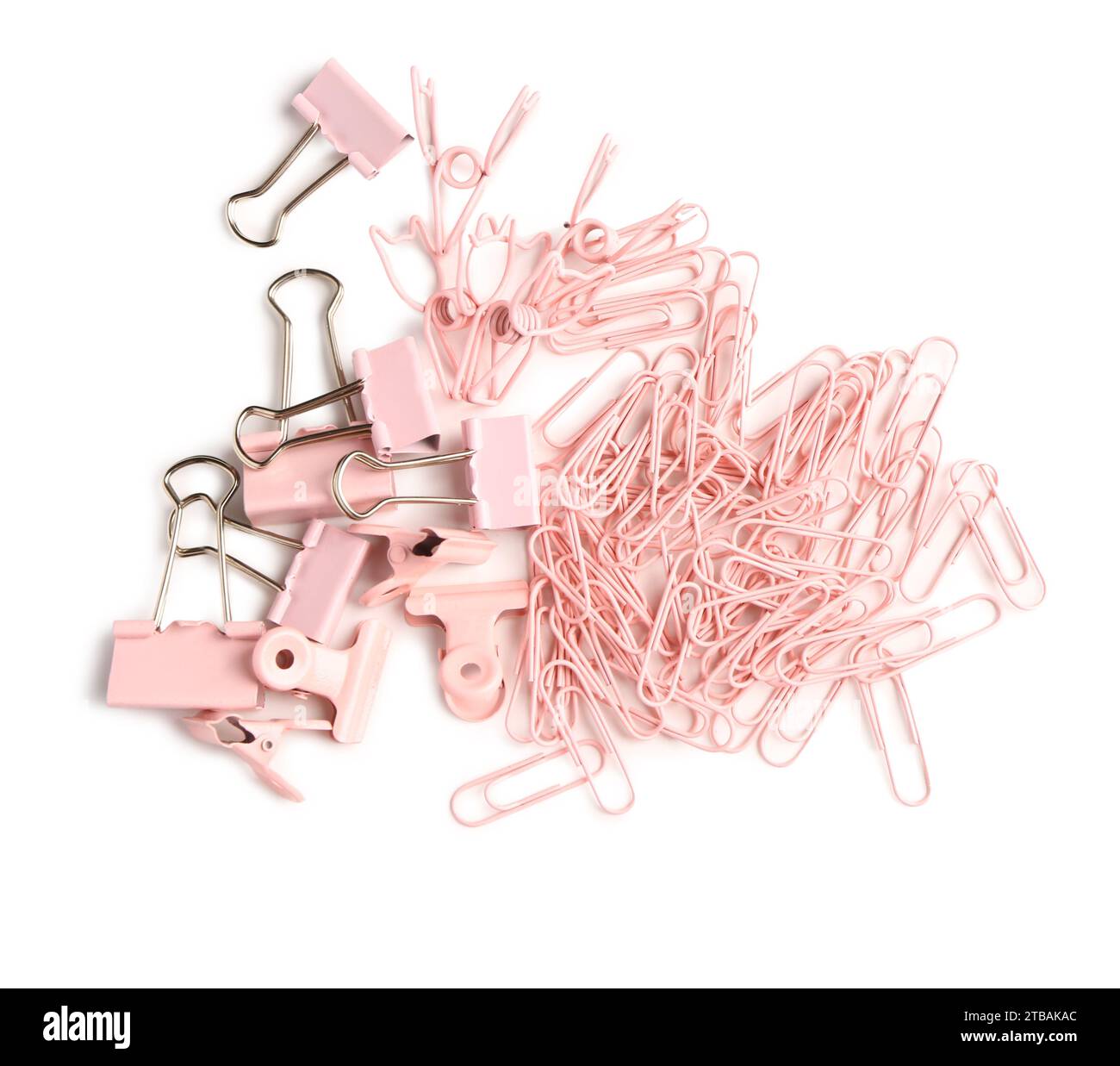 Set of pink paper clips, binders and pins on white background Stock ...