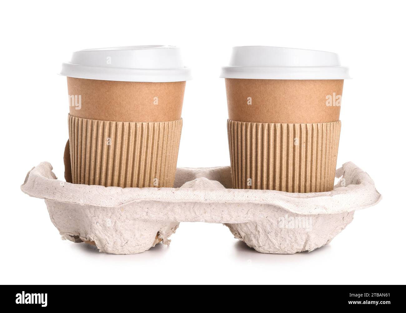 Takeaway paper cups in holder on white background Stock Photo - Alamy