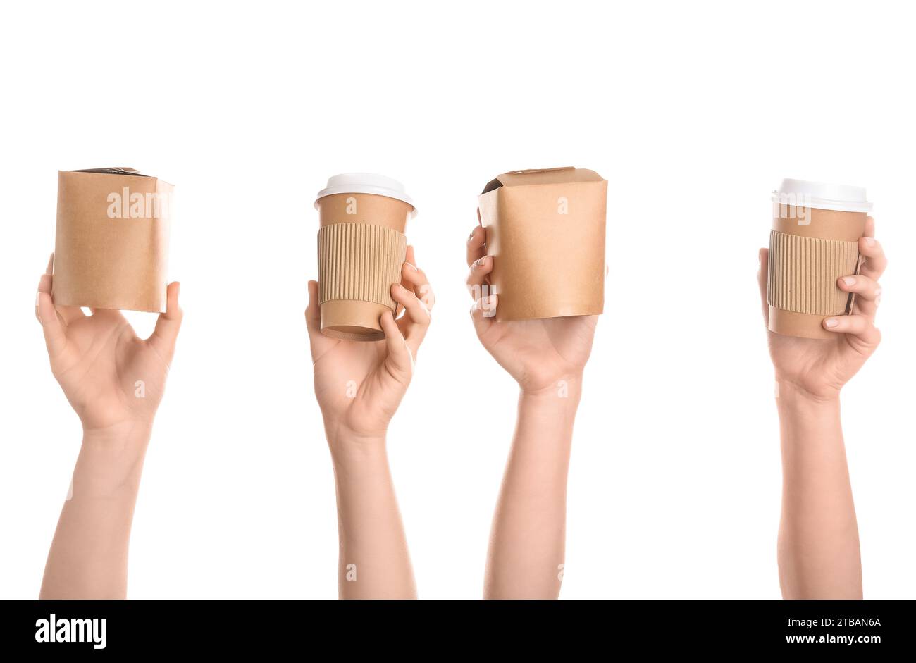 Female hands with takeaway paper cups and boxes on white background ...