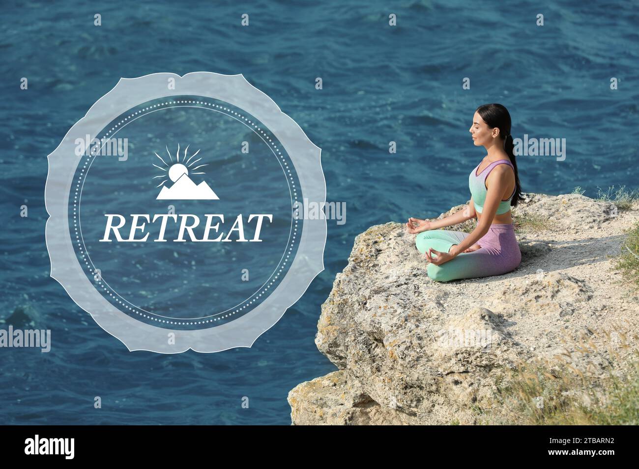 Young woman meditating on cliff near sea. Word Retreat and illustration ...
