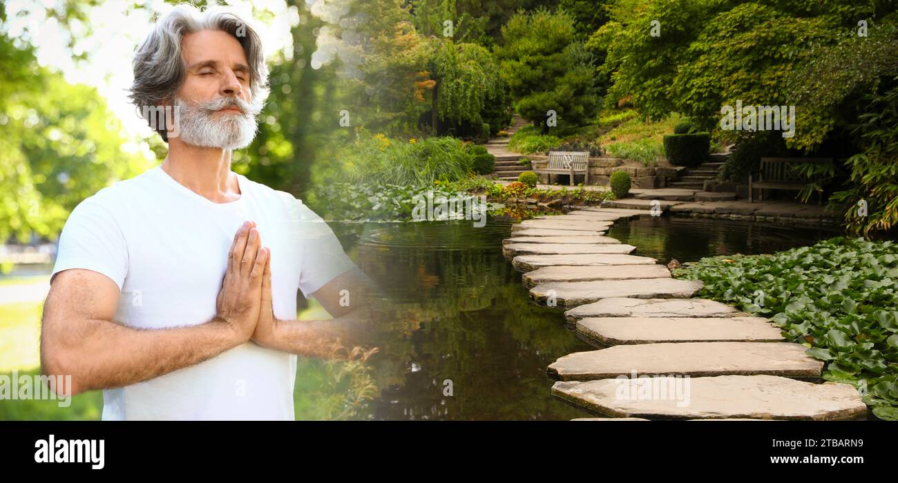 Wellness retreat. Double exposure with man meditating outdoors and ...