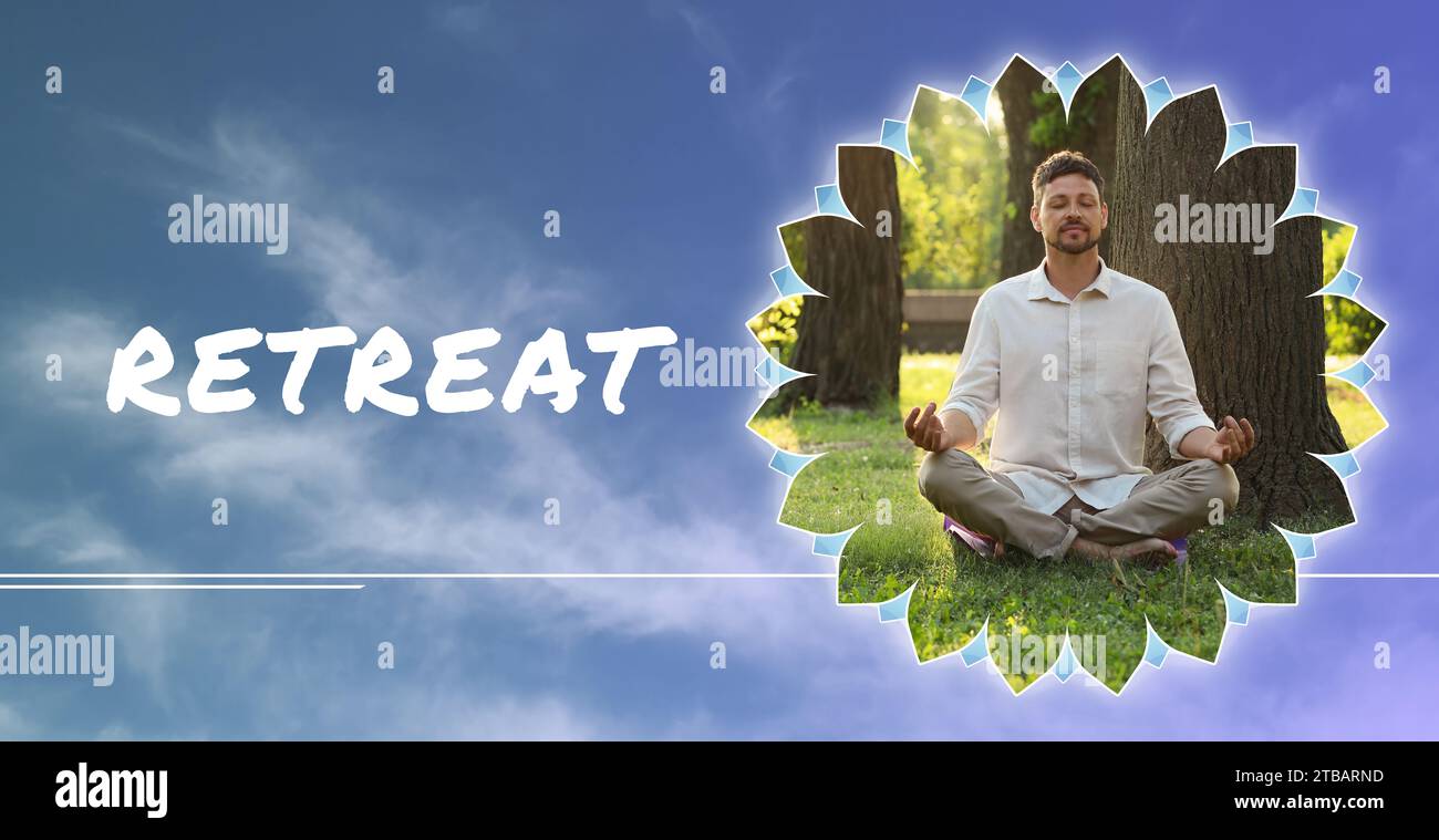 Wellness retreat. Man meditating near tree and blue sky on background ...