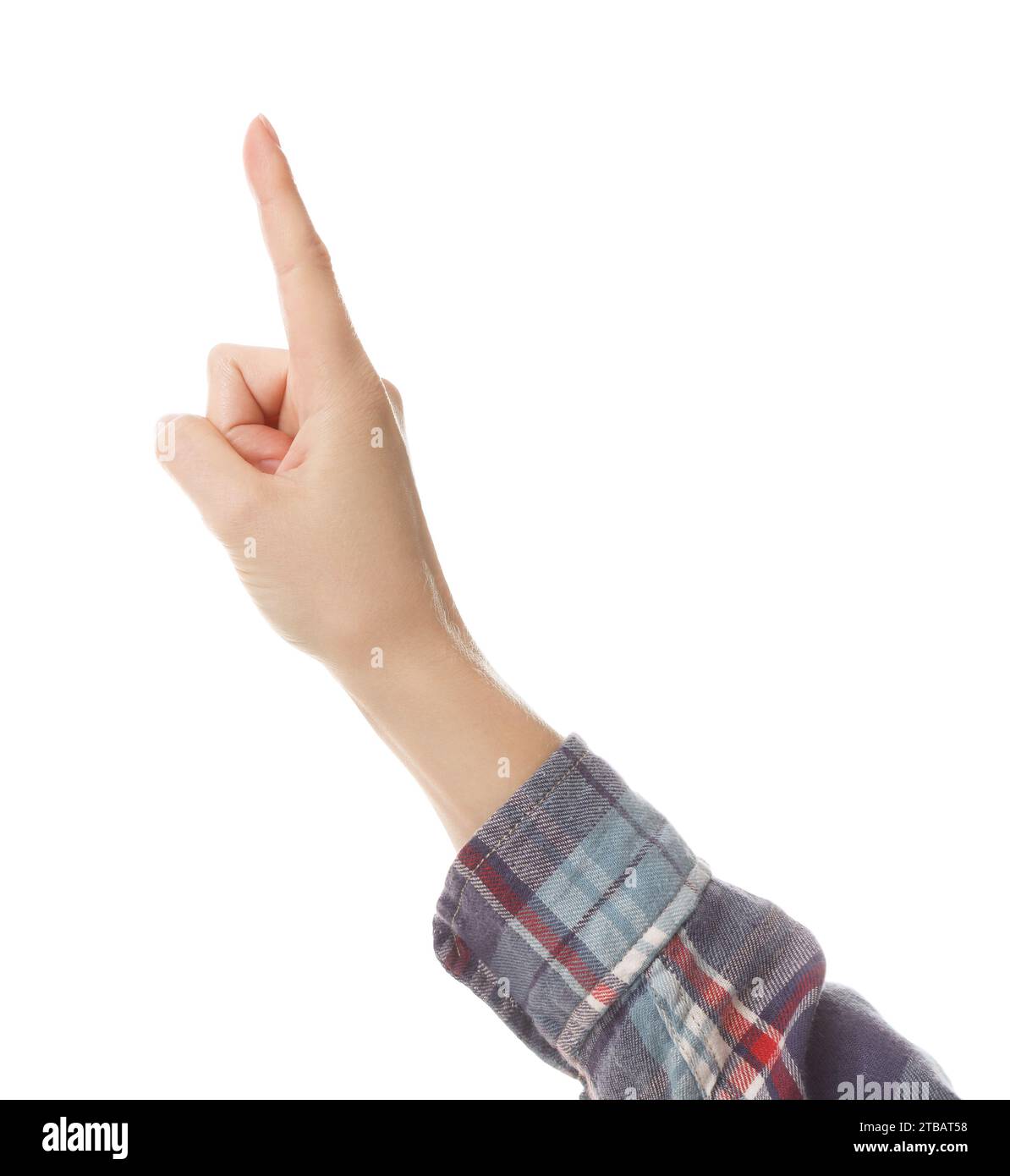 Woman pointing with index finger on white background, closeup ...