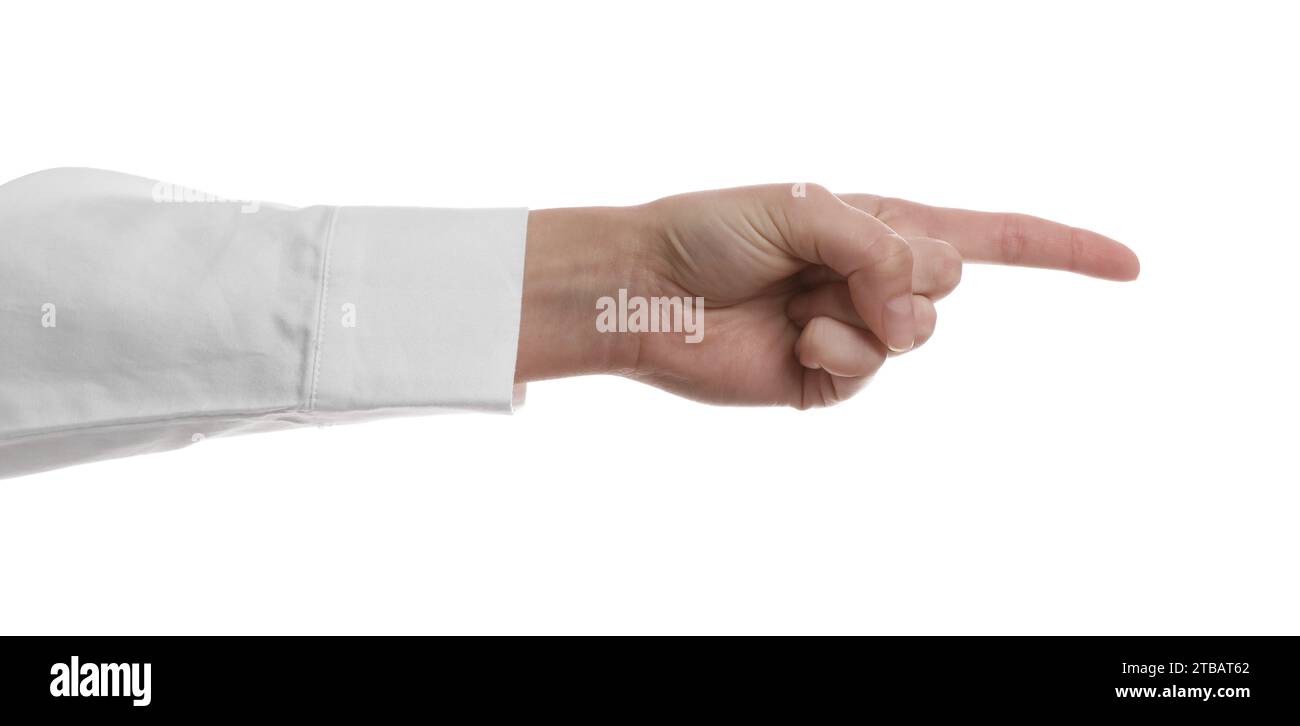 Woman pointing with index finger on white background, closeup ...