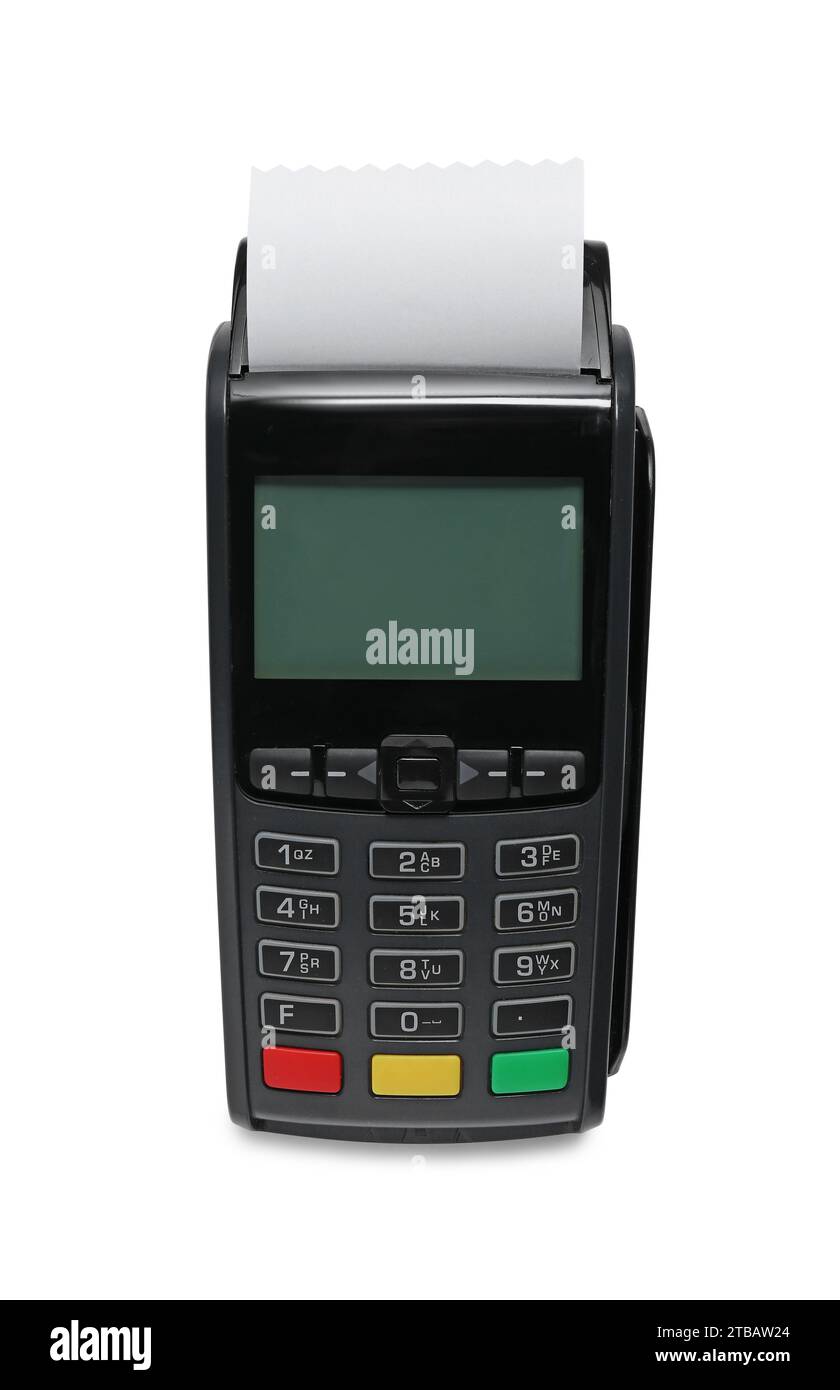 Payment terminal with thermal paper for receipt isolated on white, top ...