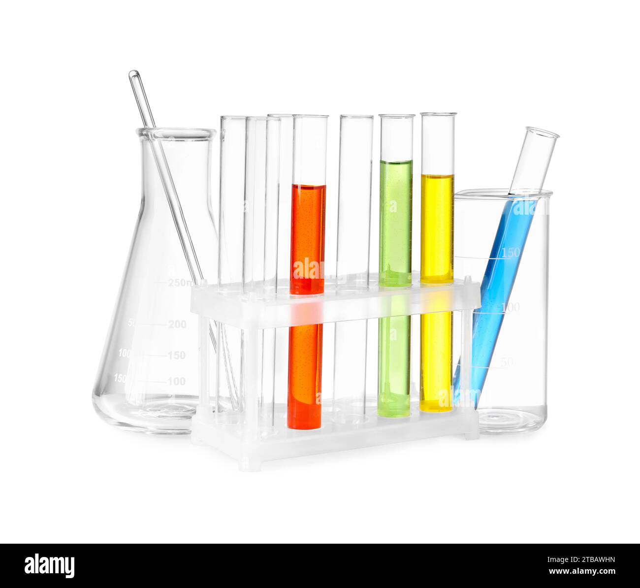 Glass flask, beaker and test tubes with colorful liquids isolated on ...