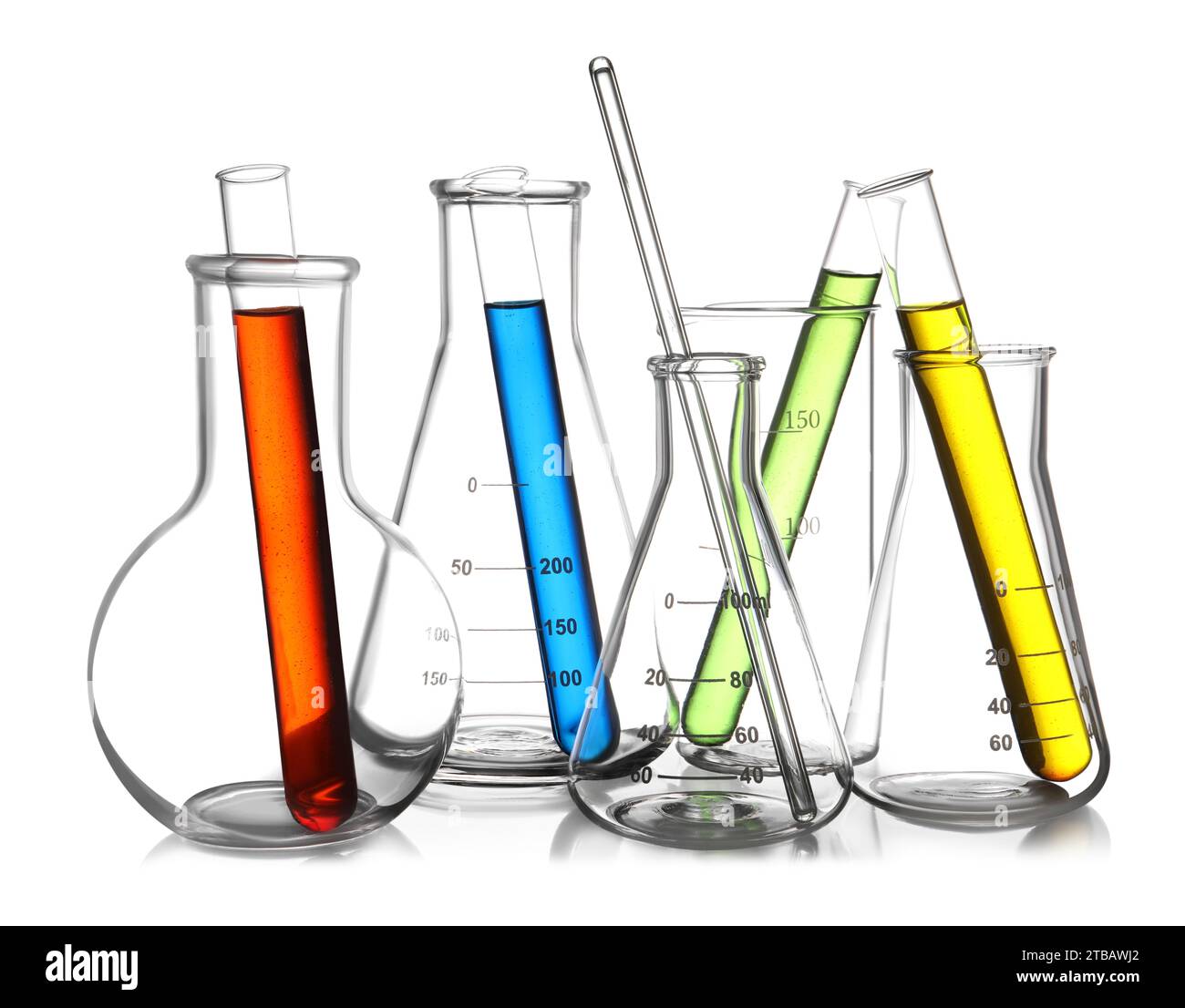 Glass flasks, beaker and test tubes with colorful liquids isolated on ...