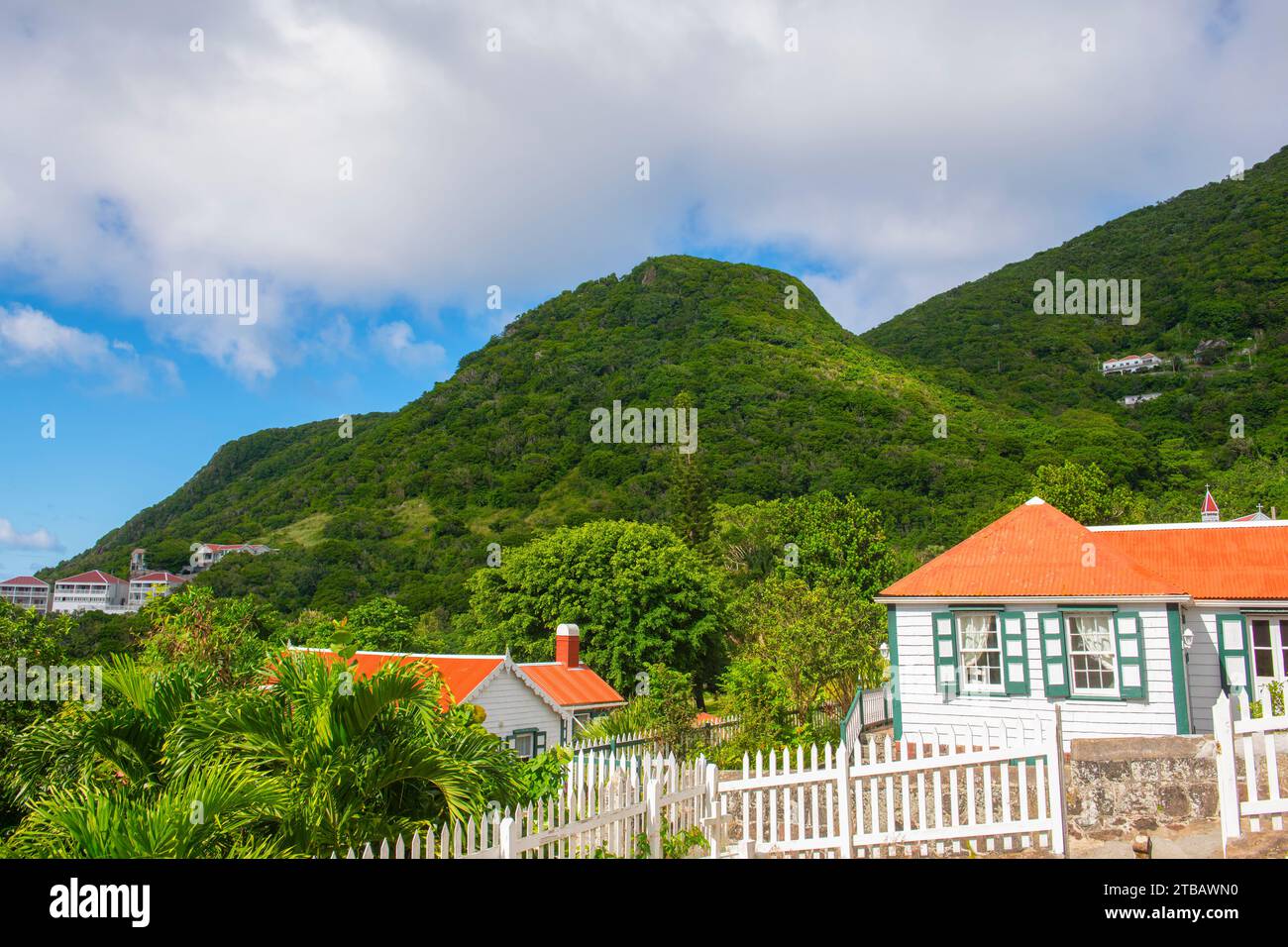 Windwardside historic town center in the morning with Mount Scenery at ...