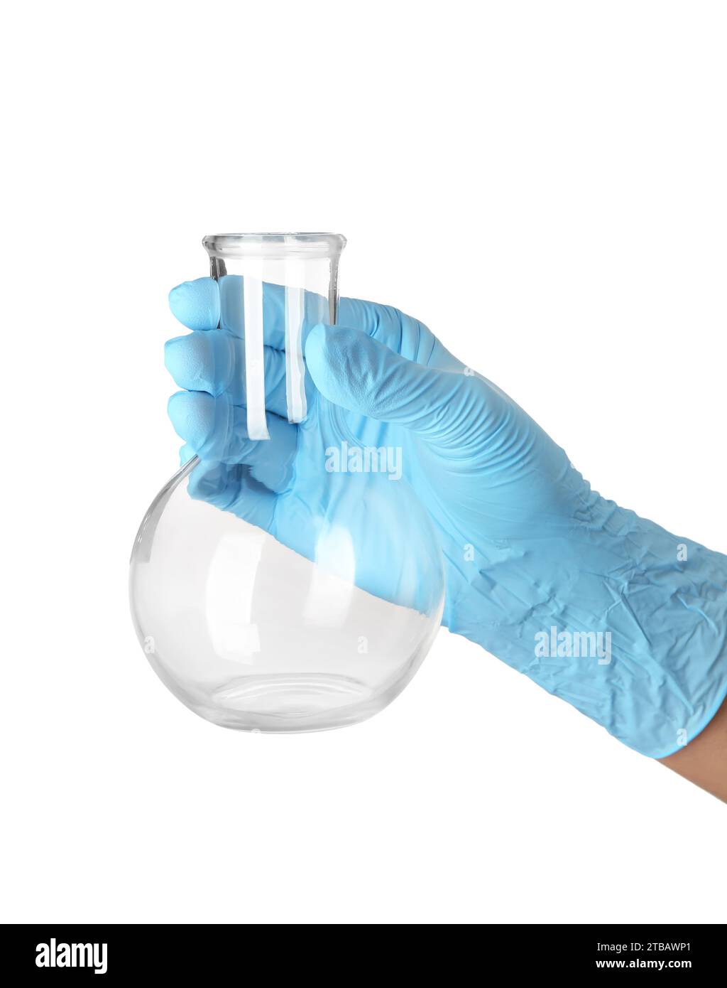 Scientist with flask on white background, closeup. Laboratory glassware ...