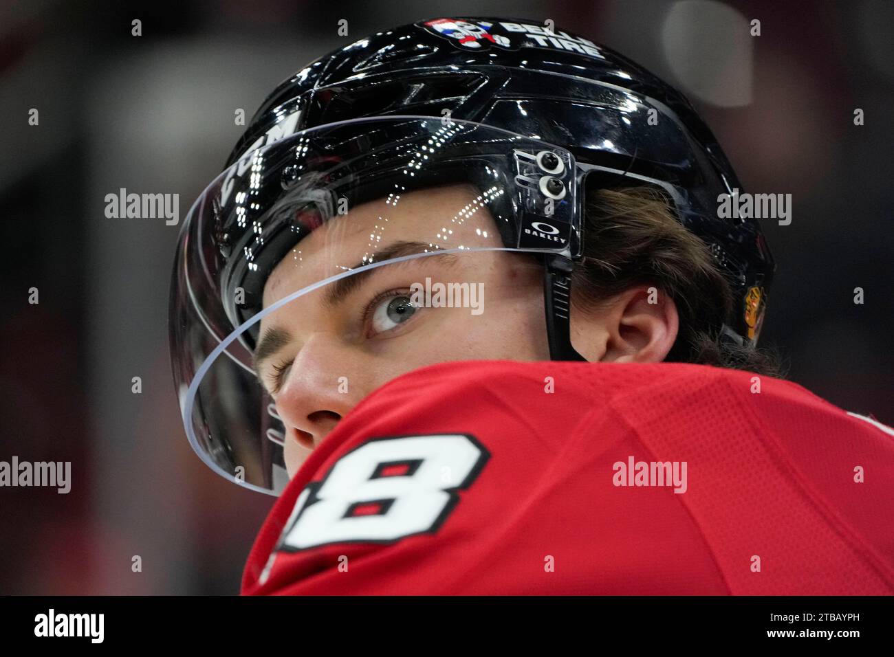 Chicago Blackhawks center Connor Bedard warms up before an NHL hockey ...