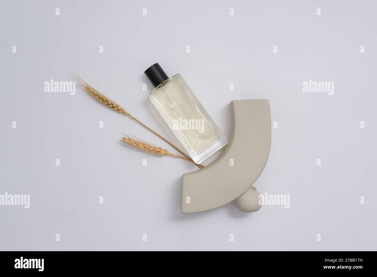 Bottles of cosmetic essential oil on white background with gray prop ...