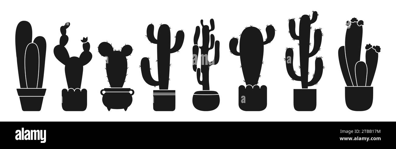 Cactus in flowerpot silhouette cartoon set. Shadow house plants with ...