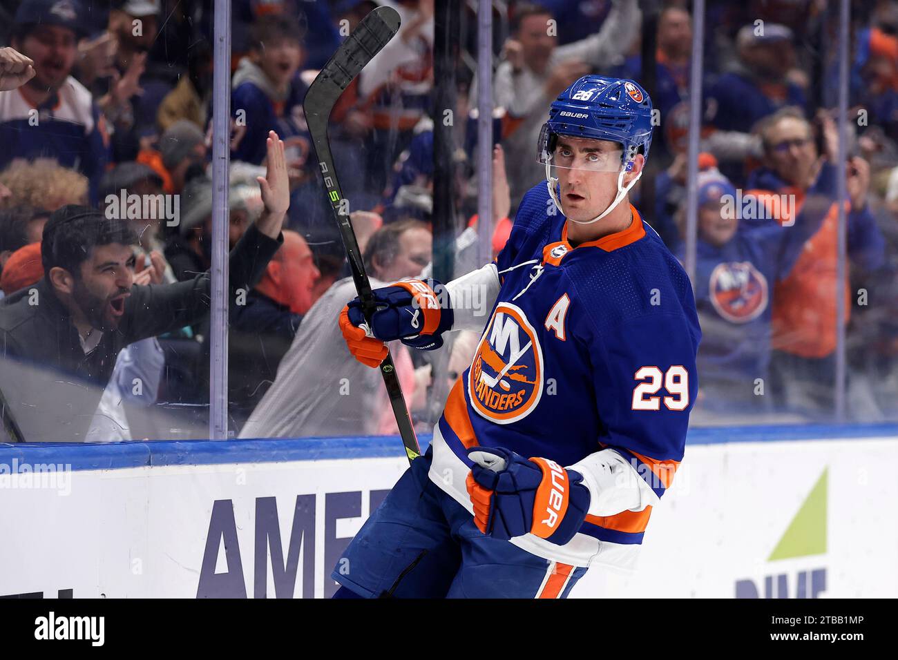 New York Islanders center Brock Nelson reacts after scoring a goal ...