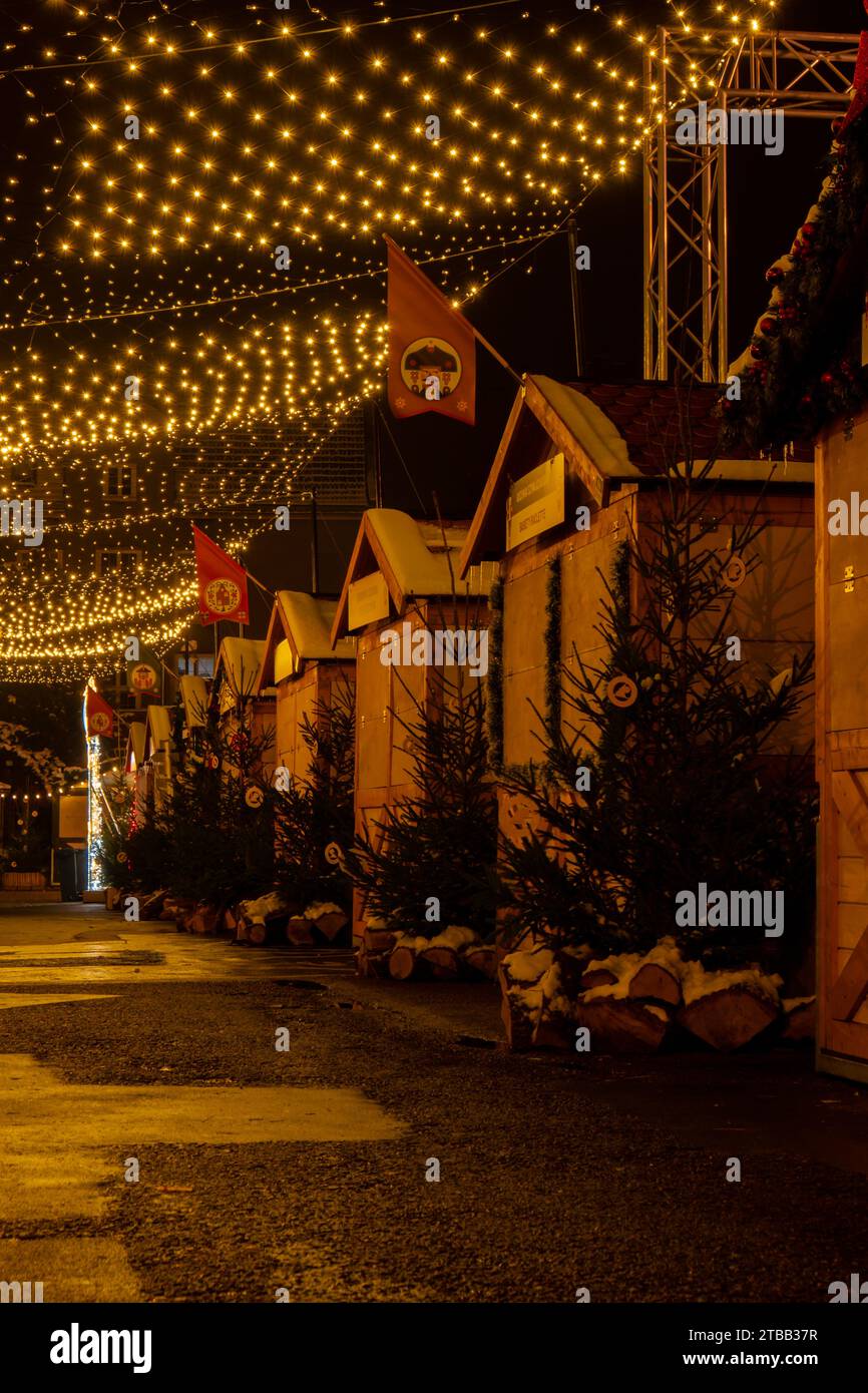 Holiday Decorated and illuminated street at night in Gdansk Poland ...
