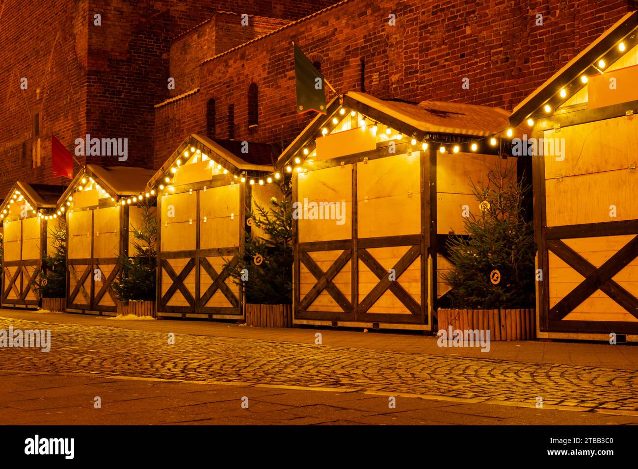 Holiday Decorated and illuminated street at night in Gdansk Poland ...