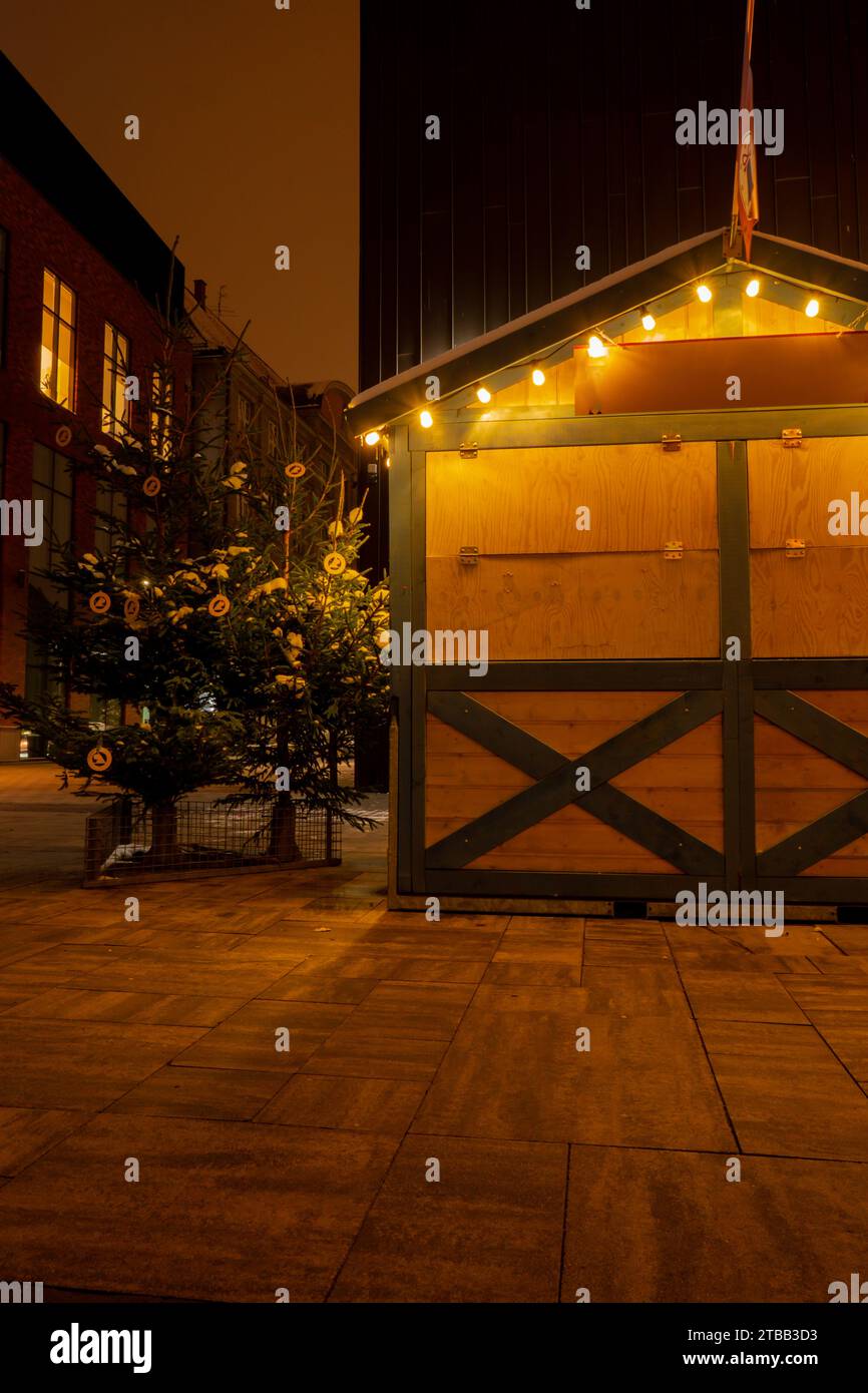 Holiday Decorated and illuminated street at night in Gdansk Poland ...