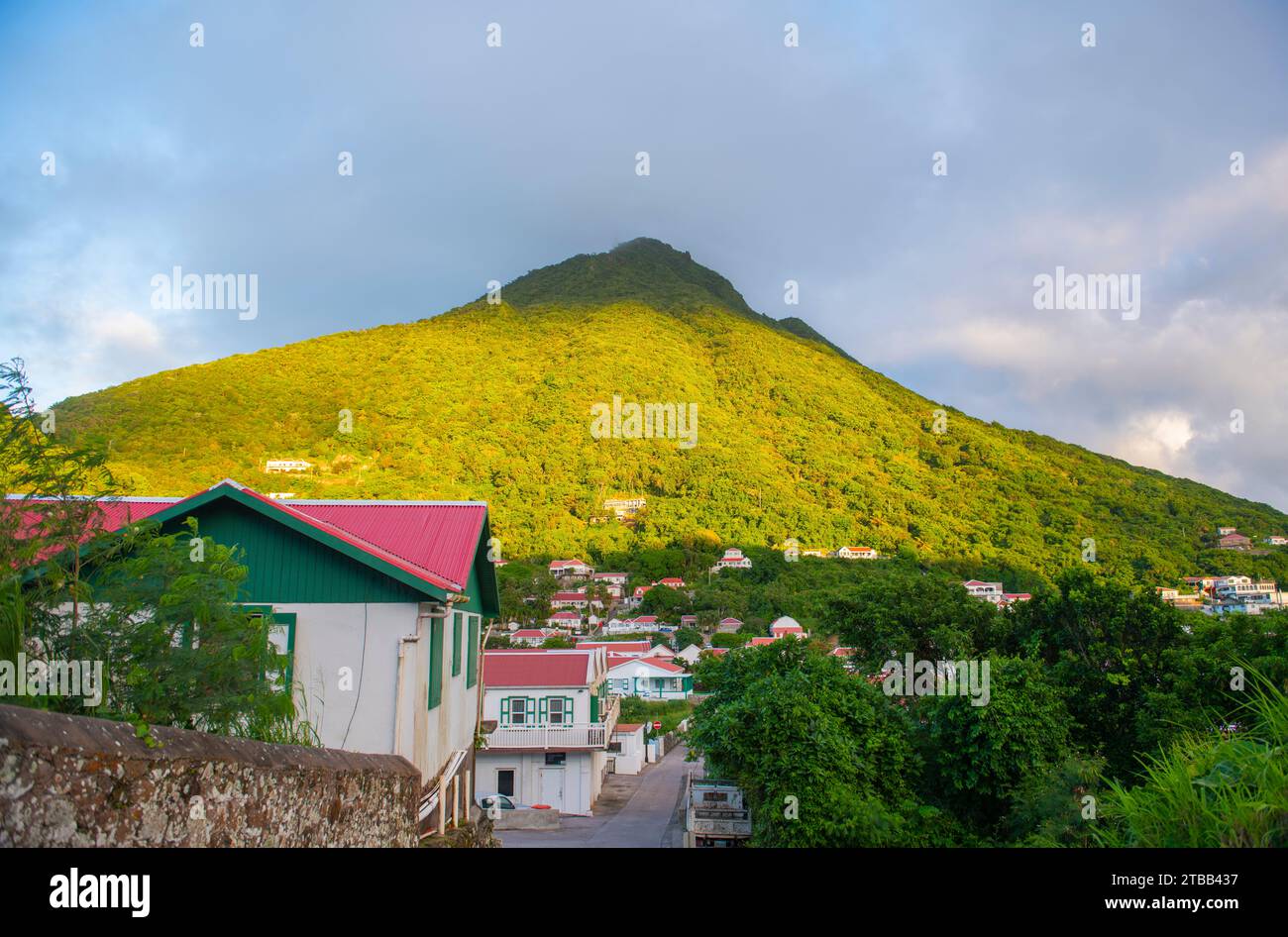 Windwardside historic town center in the morning with Mount Scenery at ...