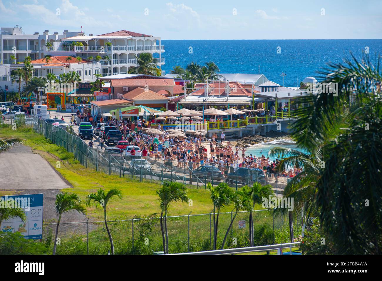Maho Beach aerial view with people waiting for airplane landing on ...