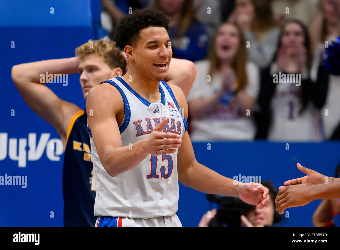 Kansas guard Kevin McCullar Jr. (15) celebrates after a basket against ...