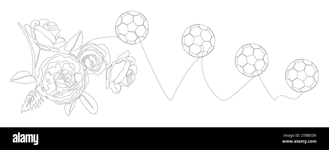 One continuous line of football ball with rose flowers. Thin Line ...