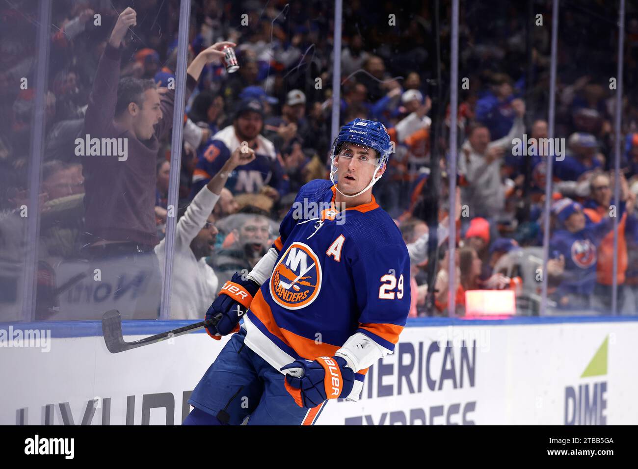 New York Islanders center Brock Nelson (29) reacts after scoring a goal ...