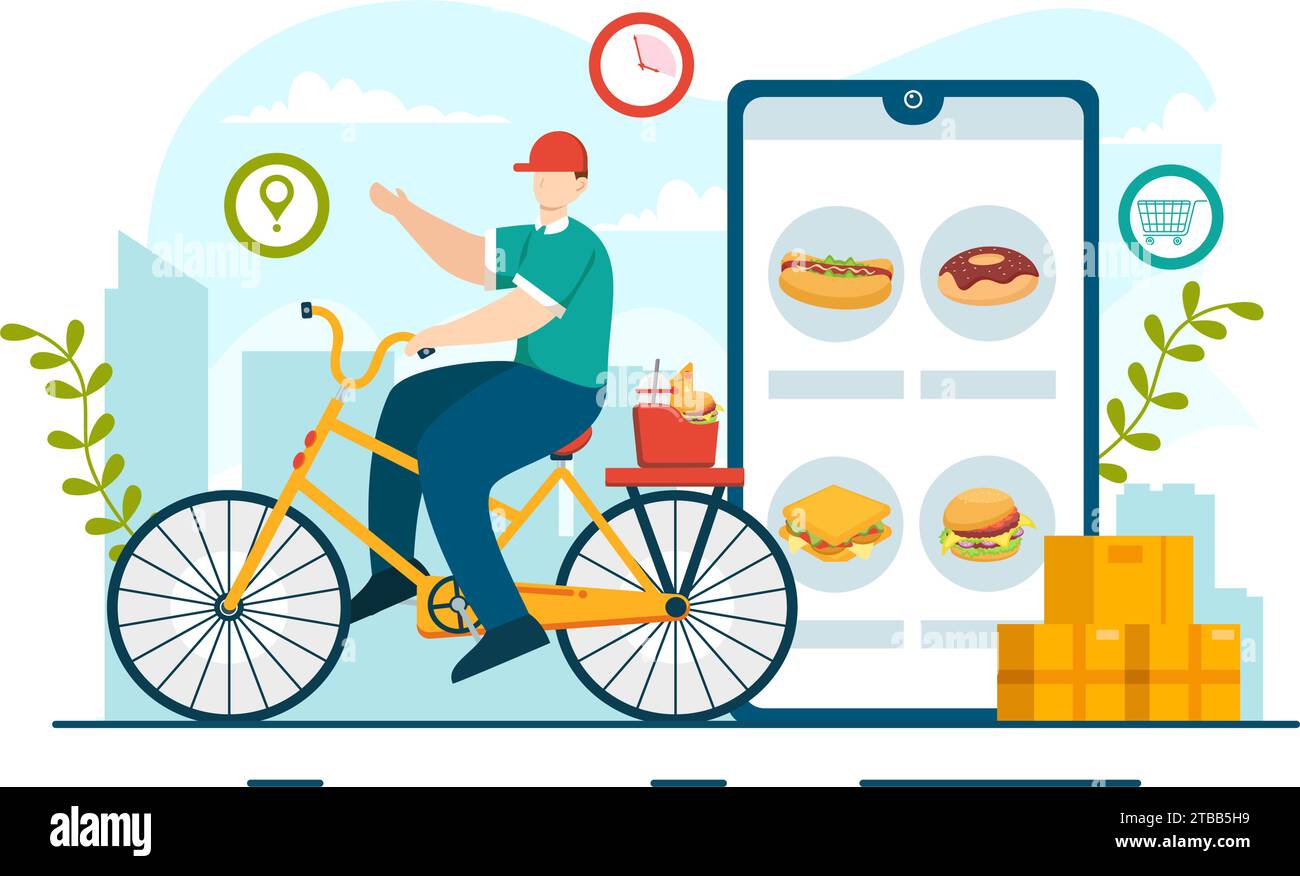 Online Food Delivery Vector Illustration with Order Food on the Phone ...