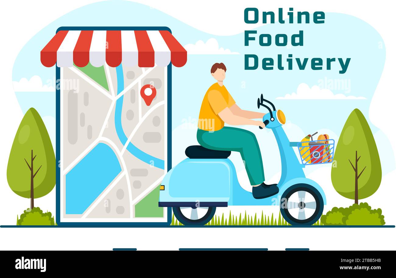 Online Food Delivery Vector Illustration with Order Food on the Phone ...