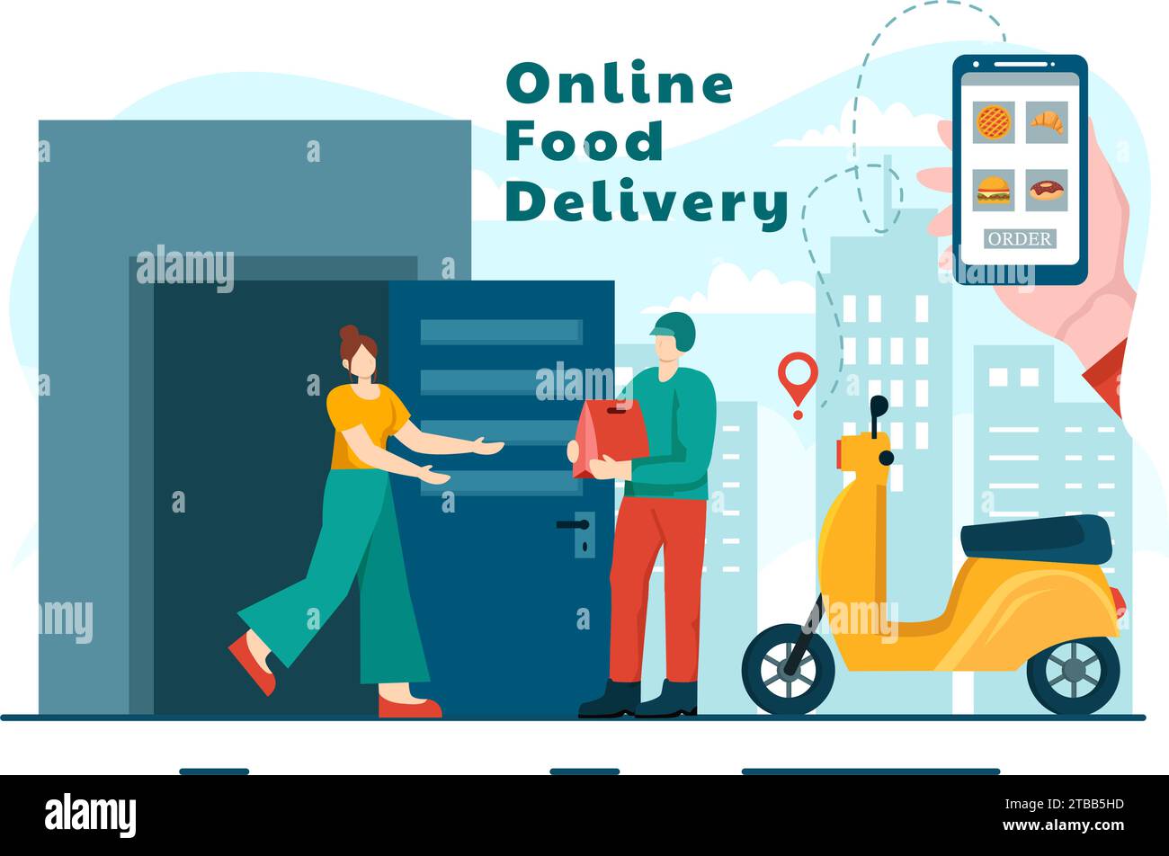 Online Food Delivery Vector Illustration with Order Food on the Phone ...