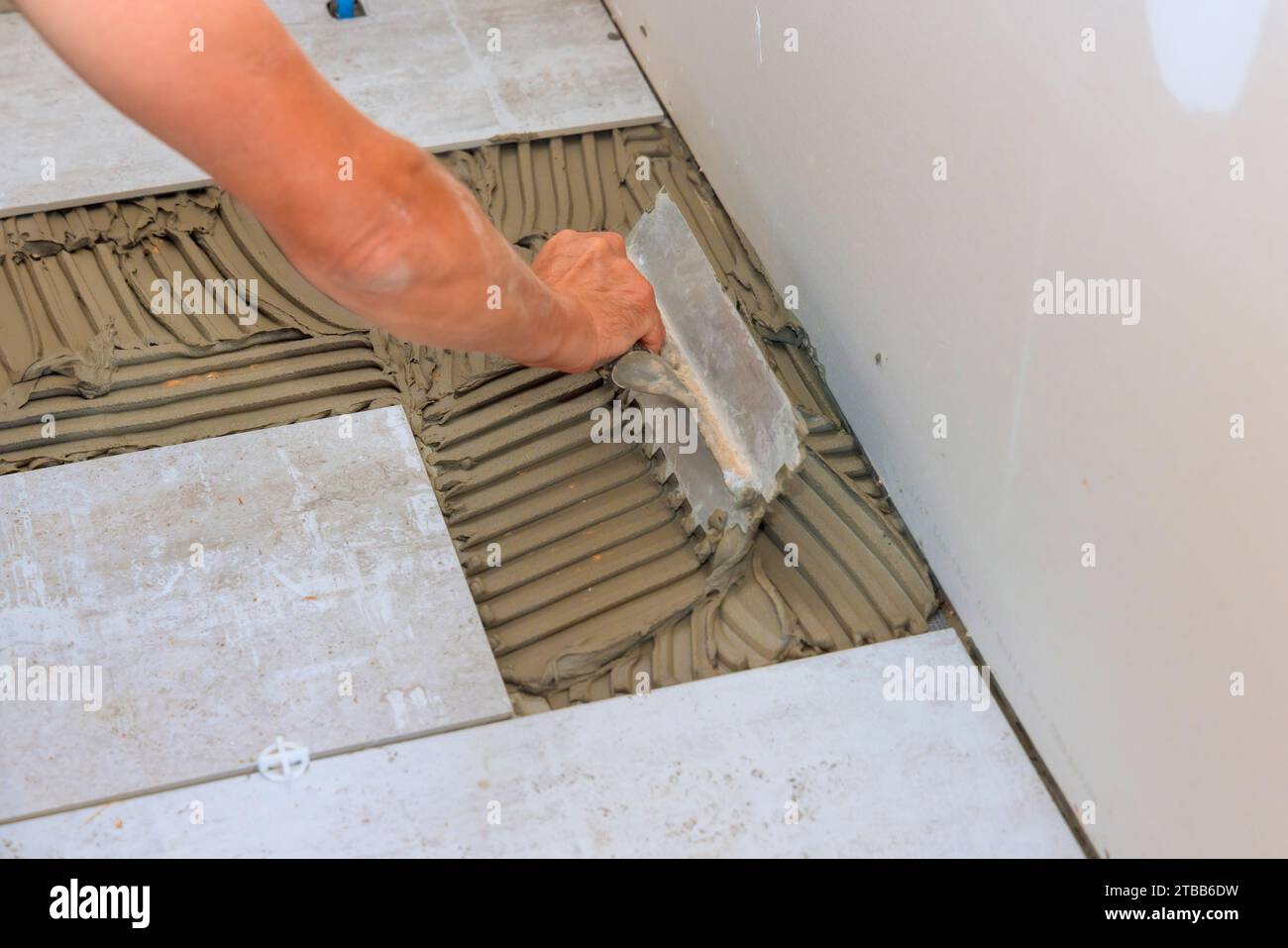Troweling adhesive onto concrete floor in preparation for laying floor ...