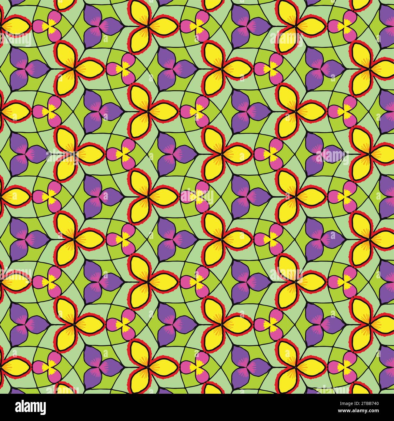 A vibrant seamless pattern of stylized purple and yellow flowers with ...